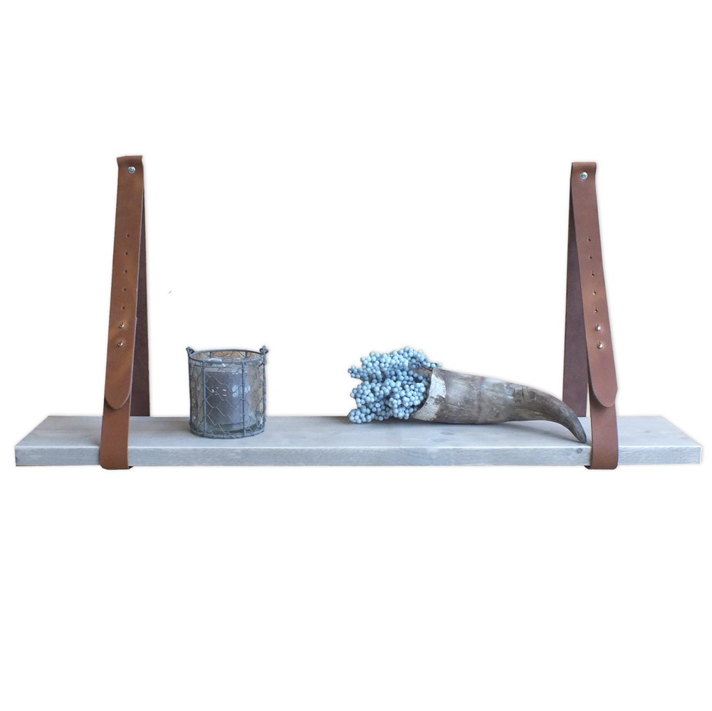 Steiger houten meubilair: Lederen plankdragers Cognac met Steigerhout ...