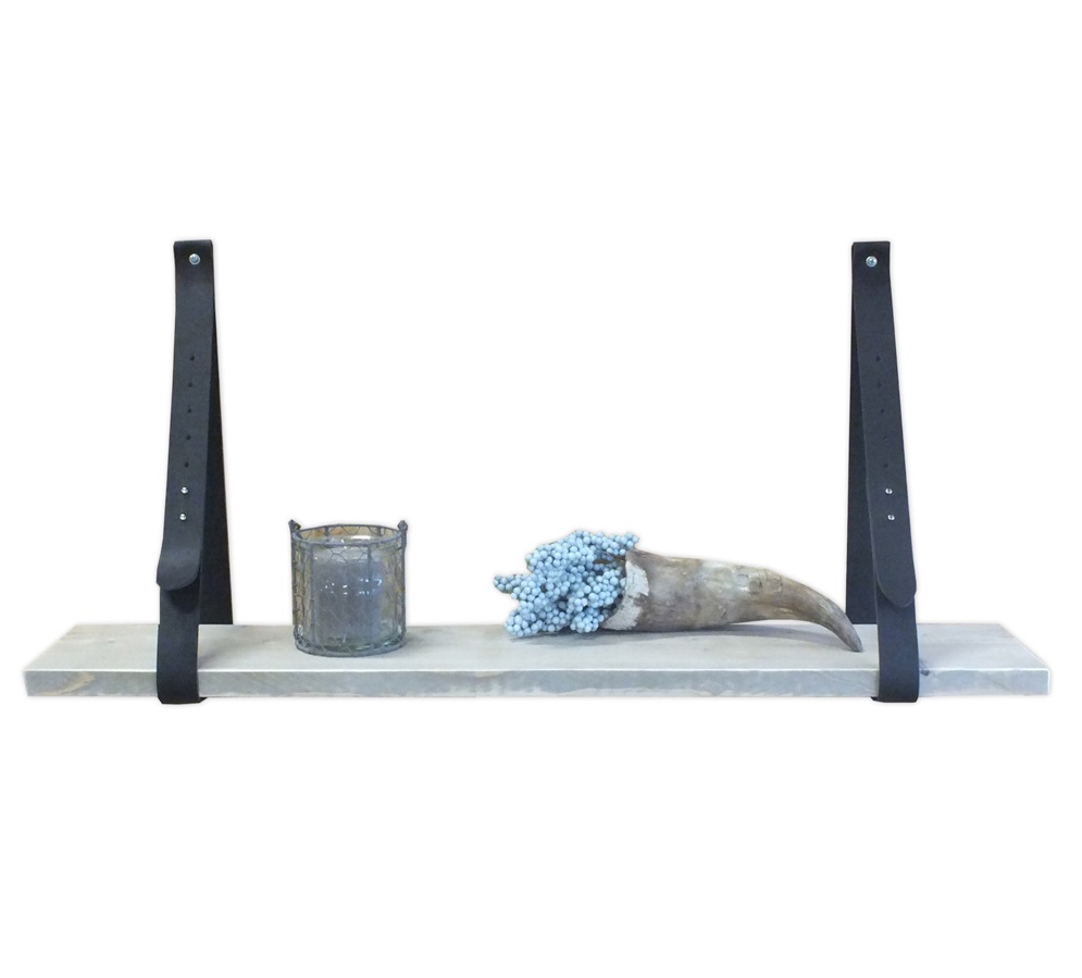 Steiger houten meubilair: Lederen plankdragers Zwart met Steigerhout ...